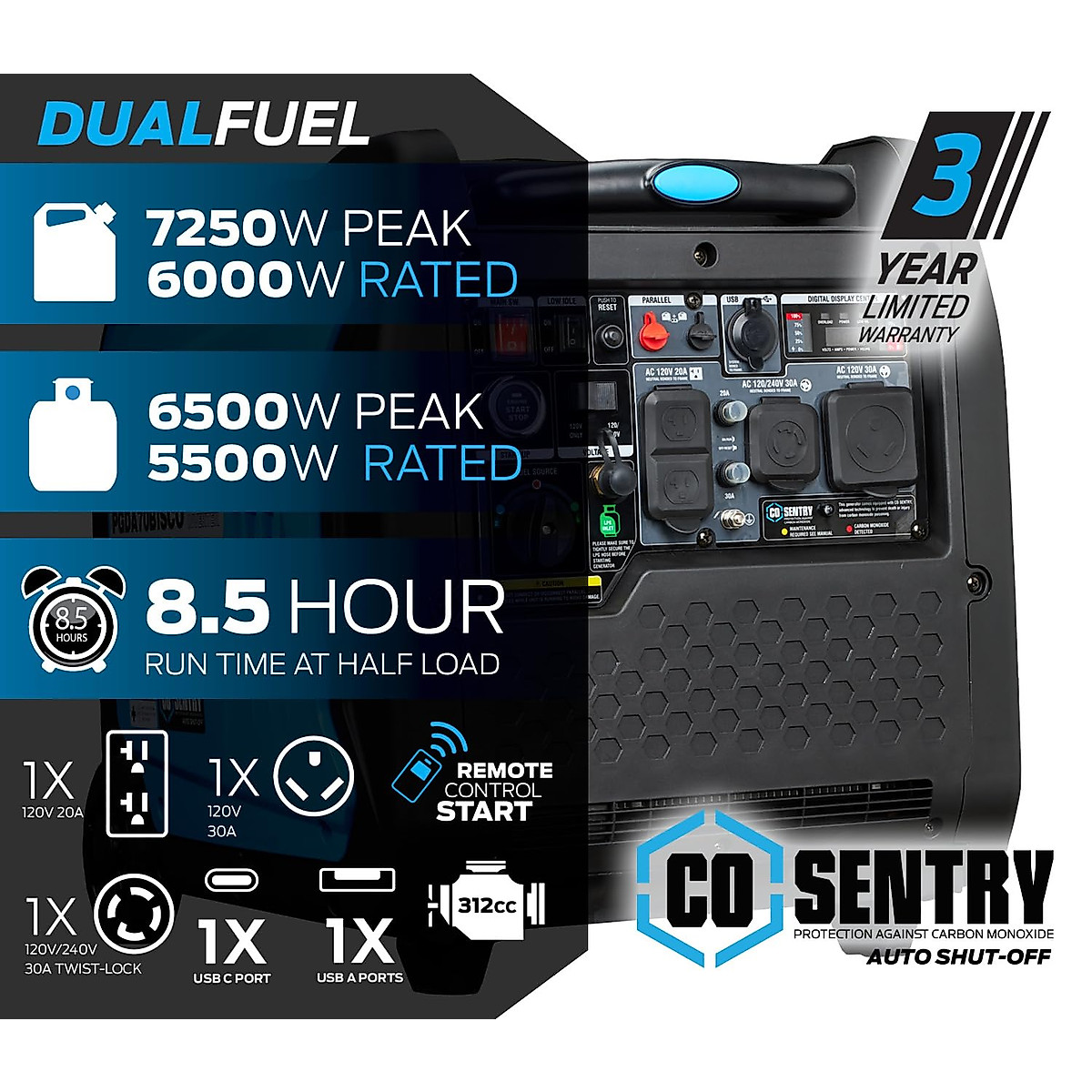 Pulsar 7,250-Watt Super Quiet Dual Fuel Inverter Generator with Remote Start