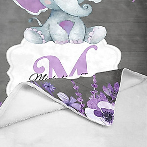Yeshop Personalized Throw Blanket, Monogram Purple Floral Elephant Custom Blankets 50x60 Inches for Couch Bed, Fleece Blanket with Your Name Birthday for Boy Girl Teen
