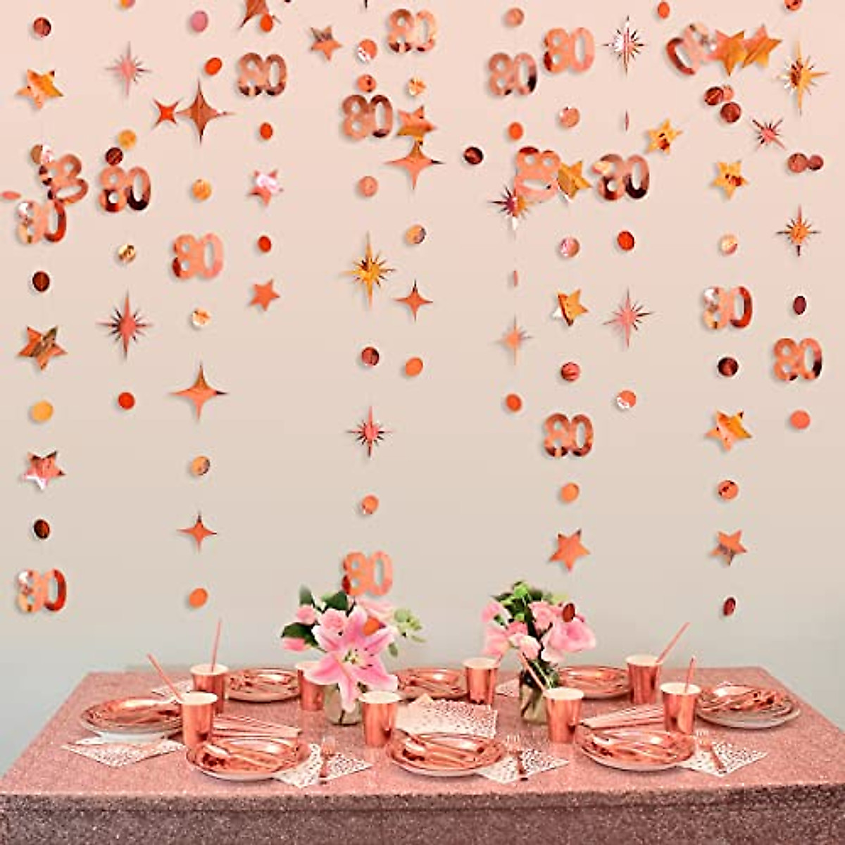 Rose Gold 80th Birthday Decorations Number 80 Circle Dot Twinkle Star Garland Metallic Hanging Streamer Bunting Banner Backdrop for 80 and Fabulous Cheers to 80 Years Old Birthday Party Supplies