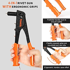 Meiwaltee Rivet gun,Professional Pop Rivet Gun Kit with 200Pcs Rivets, 3/32"-1/8"-5/32"-3/16", Heavy Hand Riveter kit Suitable for Metal work, Gutter, Automotive and other common DIY projects