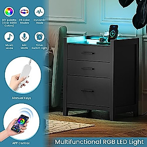 EPHEX Nightstands Set of 2, LED Nightstand with Charging Station, End Side Table with 3 Drawers, Modern Night Stand Bedside Table for Bedroom, Black, NSL03
