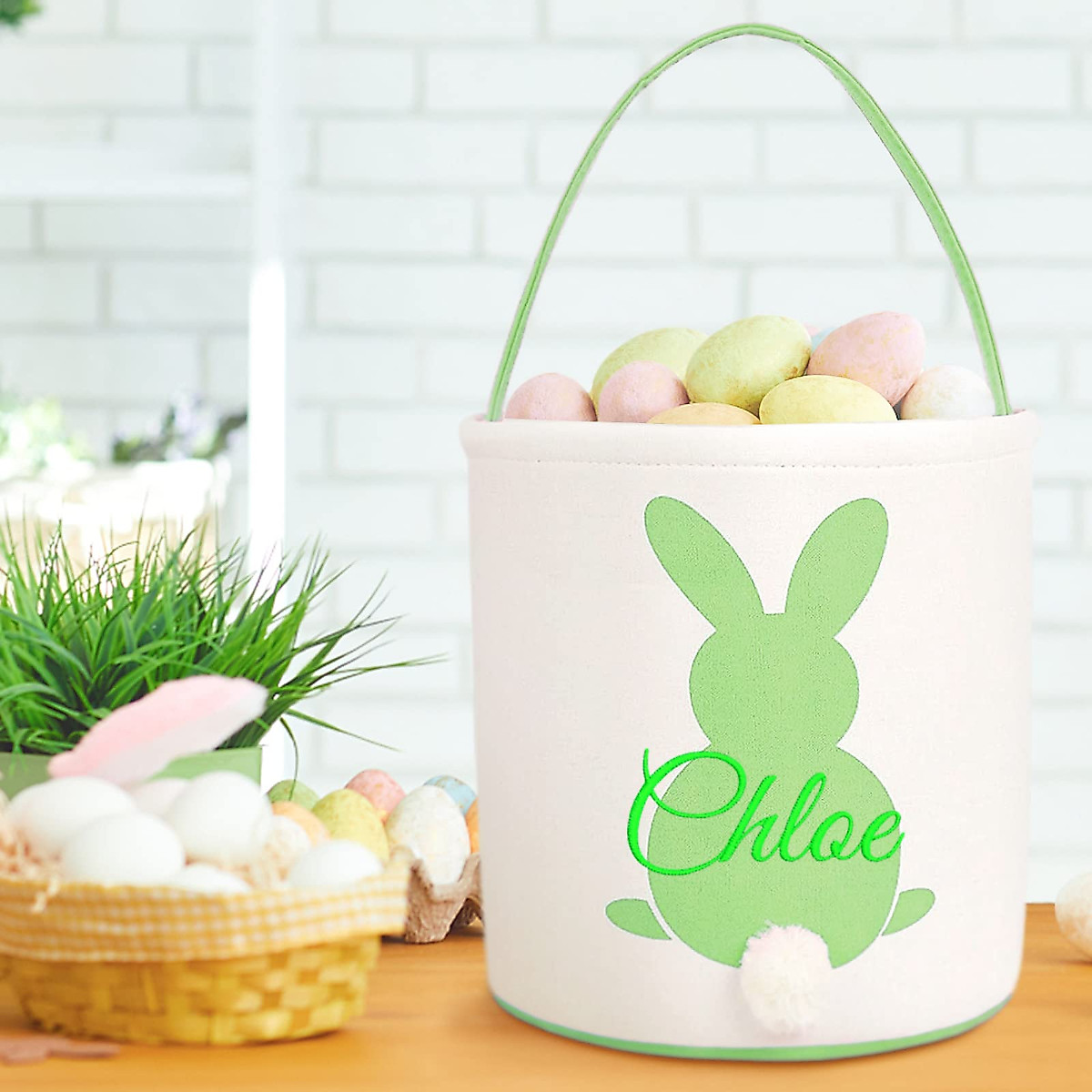 Amidaky Personalized Easter Bunny Basket for Kids Easter Canvas Basket with Handle Egg Bunny Bucket Green