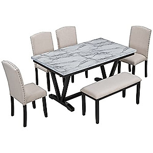 6 Piece Dining Table Set, Modern Style 6-Person Dining Table with 4 Upholstered Chairs & a Bench, Wood Kitchen Table Set for 6 Persons, White +Black