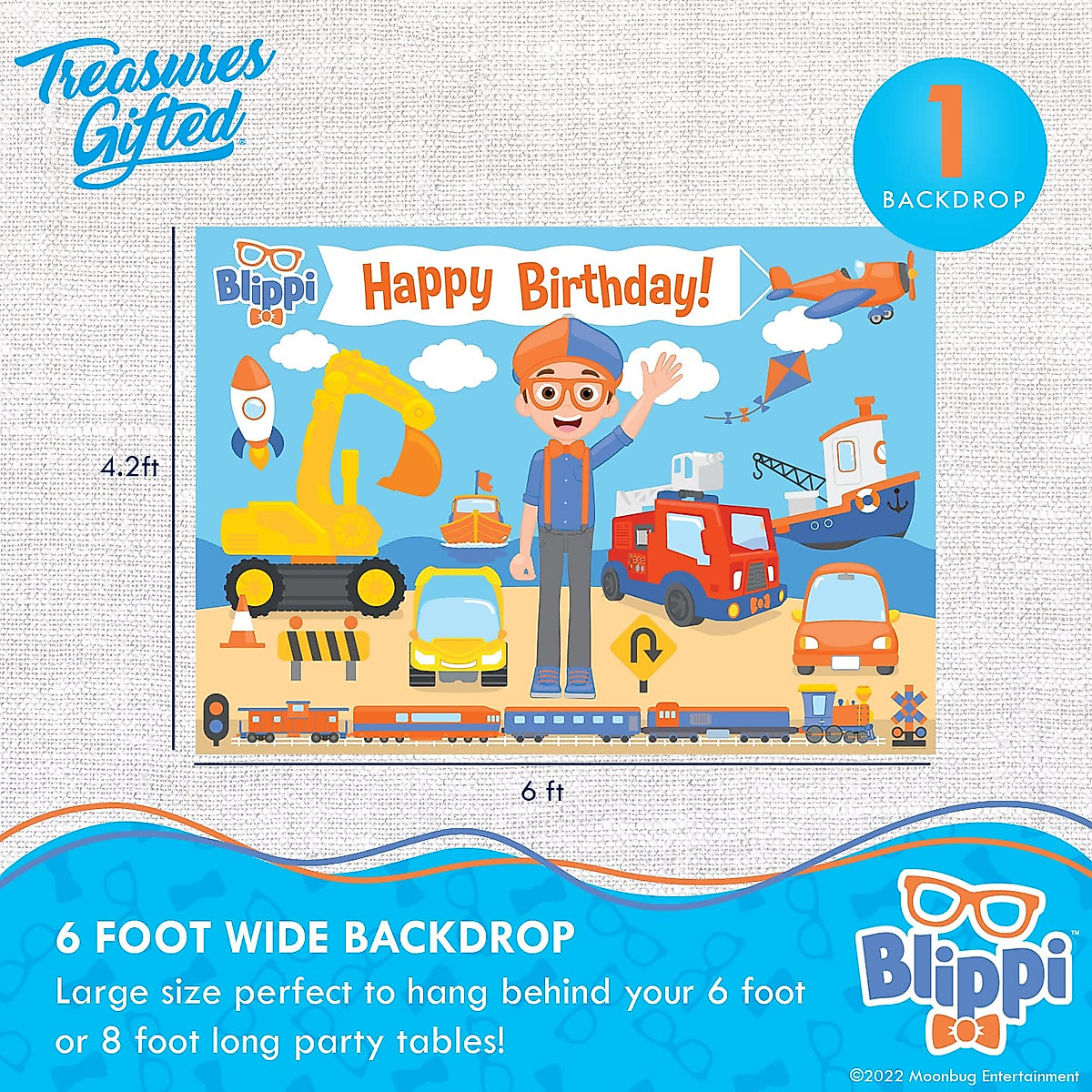 Treasures Gifted Officially Licensed Blippi Birthday Party Supplies - Blippi Backdrop Vehicle - 4.25ft Tall x 6ft Wide Blippi Birthday Backdrop - Blippi Birthday Banner - Blippi Party Decorations