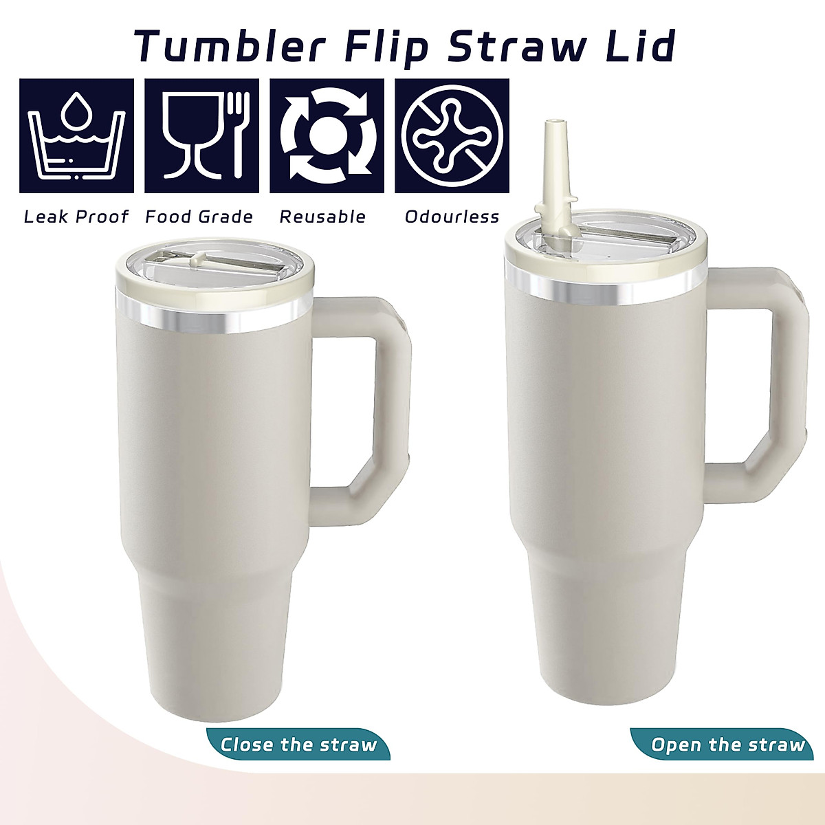 Miavers 2Pack 40oz Tumbler Flip Straw Lid Replacement suit for Stanley Quencher cup,leak proof and spill resistant tumbler lid, convenient Tumbler Cover applicable to Stanley 40oz tumbler (Beige)