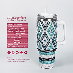 Cupcupmore 40oz Blue Diamond Bling Rhinestone Stainless Steel Sippy Tumbler Glitter Vacuum Insulated Water Bottle with Straw & Lid &Handle,Thermos for Hot & Cold Drinks,Car Cup Holder,Coffee