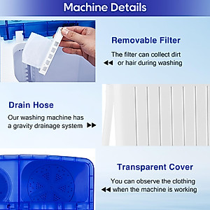 OUTGAVA Washing Machine,20lbs Capacity Twin Tub Laundry Washer w/Gravity Drain, Semi-automatic Laundry Machine for Dormitory Apartments,College, RV, Camping,Portable Machine for Laundry,Blue