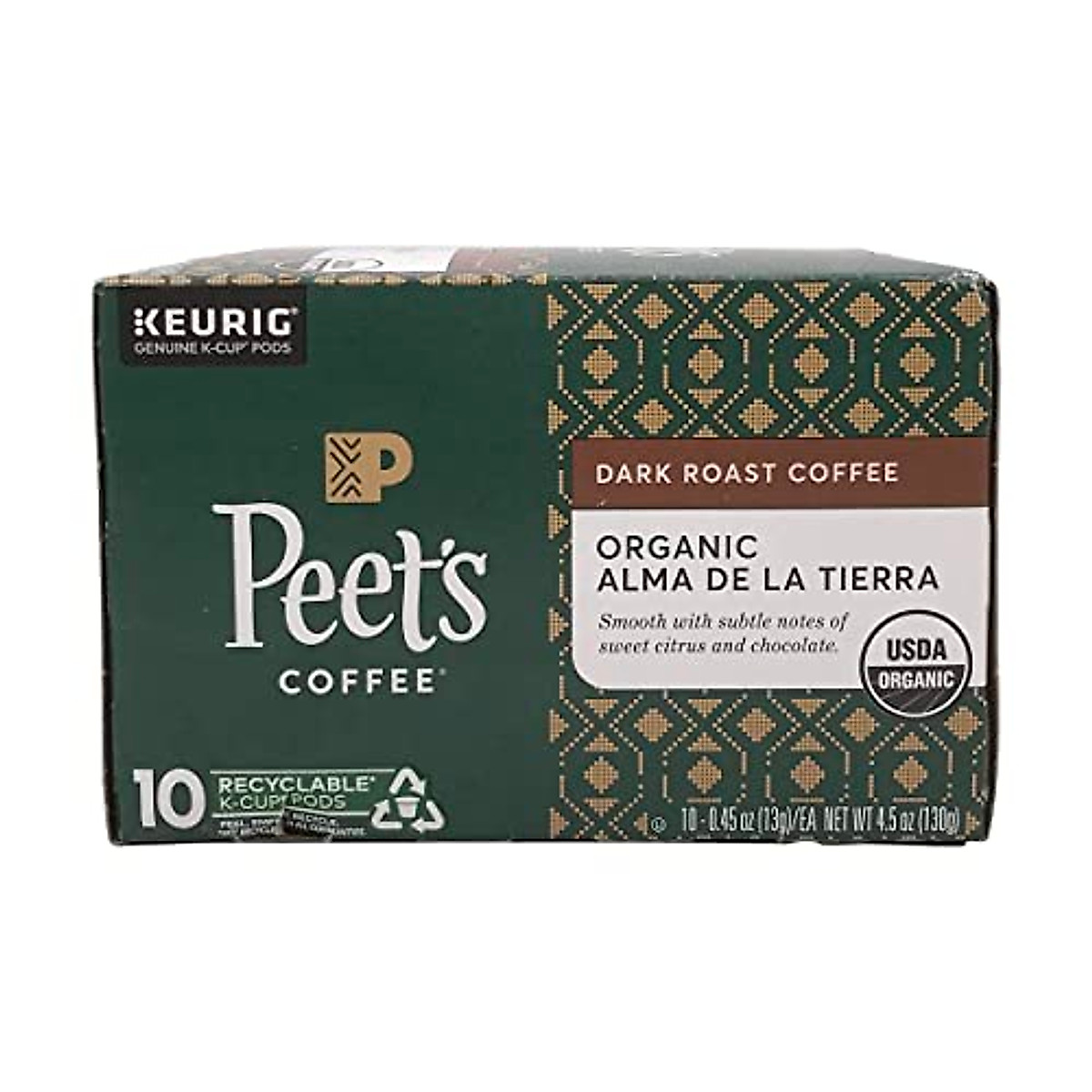 Peet's Coffee, Dark Roast K-Cup Pods for Keurig Brewers - Organic Alma de la Tierra, USDA Organic 10 Count (1 Box of 10 K-Cup Pods) Packaging May Vary
