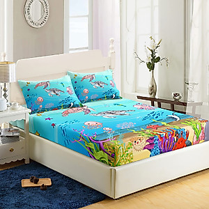 XYNHML Sea Turtle Fitted Sheet Tropical Fish Marine Life Bed Set Reptile Sea Animals Wildlife Bed Cover for Teens Adult Includes 1 Fitted Sheet,2 Pillowcases