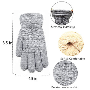 Women's Winter Warm Touch Screen Gloves Womens Thermal Grey Cable Knit Wool Fleece Lined Touchscreen Texting Mittens for Cold Weather One Size