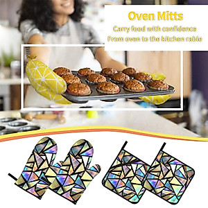 Iridescent Bright Triangles Oven Mitts and Pot Holders Set of 4, Oven Mittens and Potholders Heat Resistant Gloves for Kitchen Cooking Baking Grilling BBQ