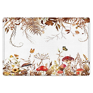 LB Fall Tan Leaf Bath Mat Red Mushroom Yellow Floral Brown Plant Area Rug for Bathroom Butterfly in Flower White Doormat Non Slip Memory Foam Super Absorbent Floor Mats,24x16 Inch