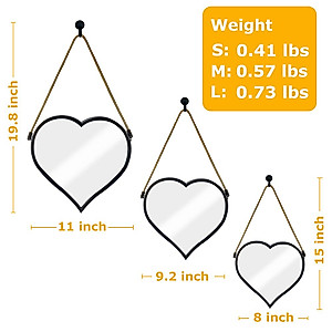 Urban Deco 3 Pieces Heart Shaped Mirror for Wall, Hanging Black Glass Mirror Sets Decoration for Bedroom Living Room Bathroom