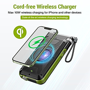 Fokimdo Solar Charger Power Bank 36800mAh, Wireless Charging, Built-in 2 Cables with Emergency Radio & Flashlight, Waterproof Fast Charge for Hiking, Camping, Travel, and Emergency Preparedness