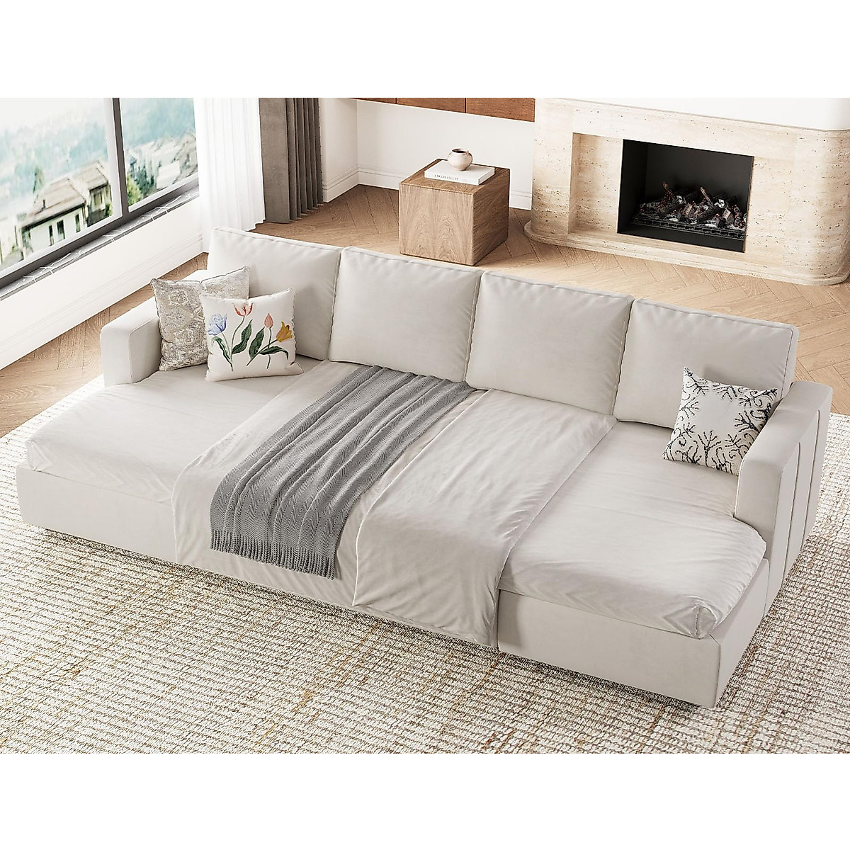 Belffin U Shaped Sectional Sleeper Sofa with Pull Out Bed Convertible Velvet Modular Sectional Couch Bed with Storage Ottoman Beige
