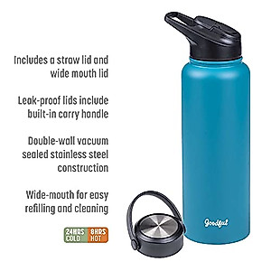 Goodful Double Wall Vacuum Sealed, Insulated Water Bottle with Two Interchangeable Lids, Sipping or Chugging Lids, Leak-Proof, Wide Mouth for Drinking and Cleaning, 40 Oz, Teal