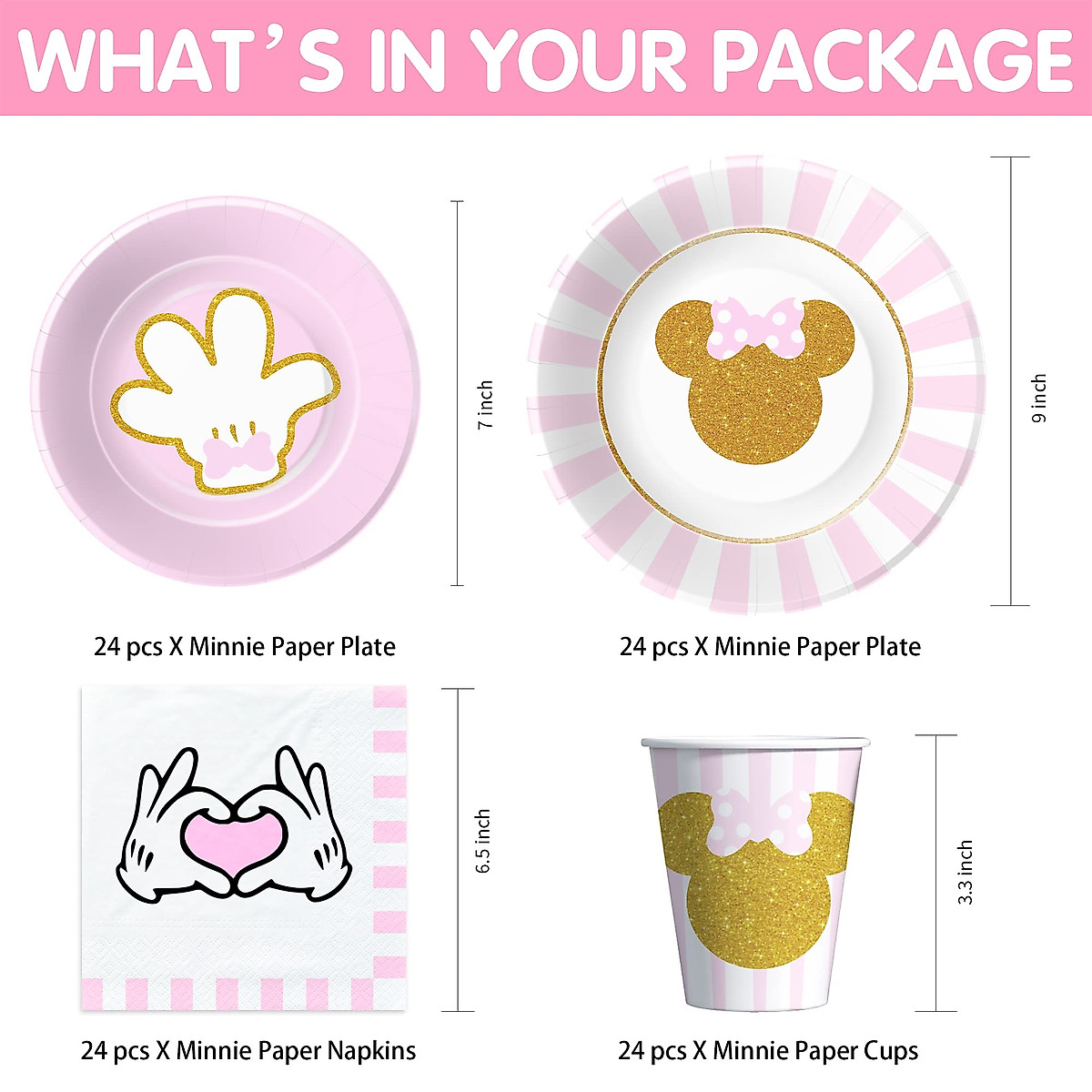 HIPVVILD Minnie Birthday Party Supplies, Minnie Theme Mouse Decorations Tableware, Plate, Napkin, Cup, Backdrop, Balloon Arch, Tablecloth, Cutlery, Minnie 1st 2nd 3rd Birthday Decorations | Serve 24