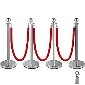 BestEquip 38 Inch Stanchion Posts Queue, Red Velvet Rope (3, Silver)