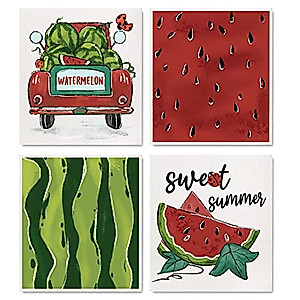 AnyDesign Watermelon Swedish Kitchen Dishcloth Summer Cotton Kitchen Towel Fruit Truck Dish Towels Reusable Absorbent Cleaning Dish Cloths for Housewarming Cleaning Wipes, 4Pcs, 7 x 8 Inch