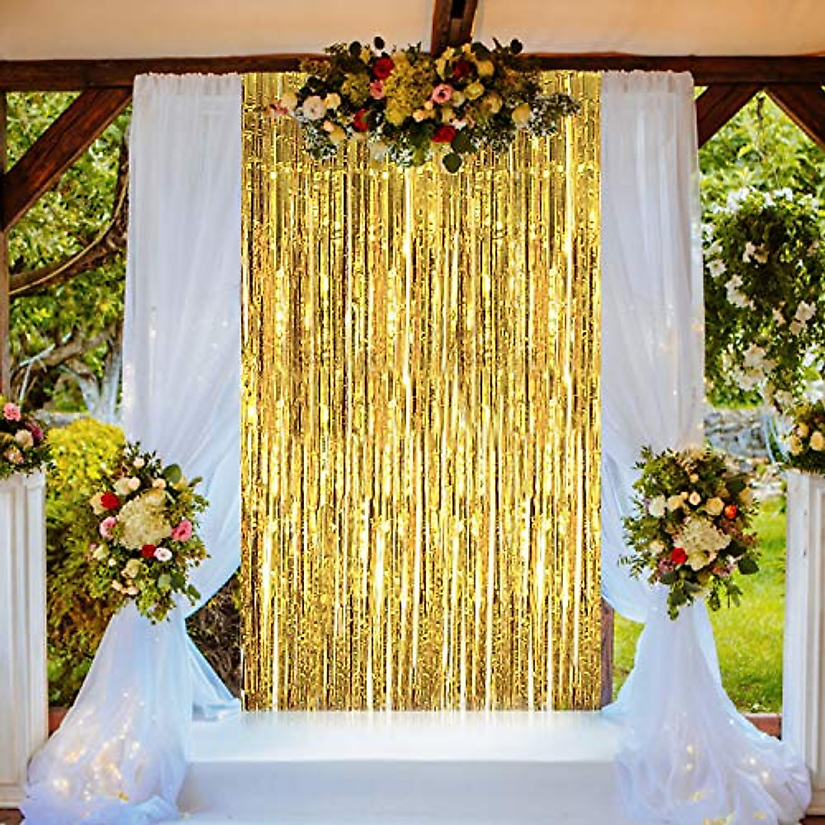 HDLJD Shiny Gold Metallic Foil Fringe Door & Window Curtain Party Decoration 3.3' X 6.6' （Value Pack of 2）