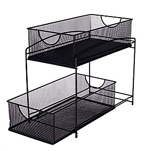 IBERG 2 Tier Under Sink Organizers and Storage - Sliding Bathroom Organizer - Kitchen Cabinet Organizer (Black)