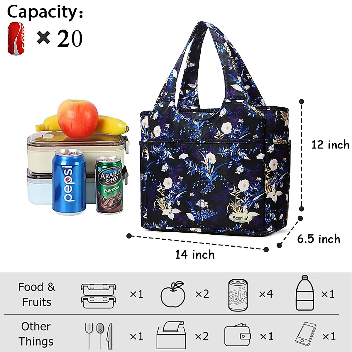 Scorlia Insulated Lunch Shoulder bag, Extra Large Lunch Tote Handbag, Durable Reusable Cooler Ladies lunch Box Bag with Side pockets, Tall Drinks Holder for Women Men Work, Blue flower