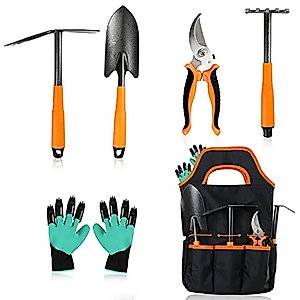HEMOPLT Gardening Tools, 6-Piece Heavy Duty Garden Tool Set, Rust-Proof Gardening Hand Tools with Durable Organizer Handbag, Outdoor Hand Tools, Ideal Garden Tool Kit Gifts for Women and Men