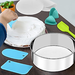 TeamFar Cake Pan, 2 Pcs 8x3 Inch Round Cake Pan, Stainless Steel Deep Layer Cake Pans with 60 Pcs Parchment Papers, 3 Pcs Cake Smoother Scrapers & Silicone Spatula & Mitts, Healthy & Practical