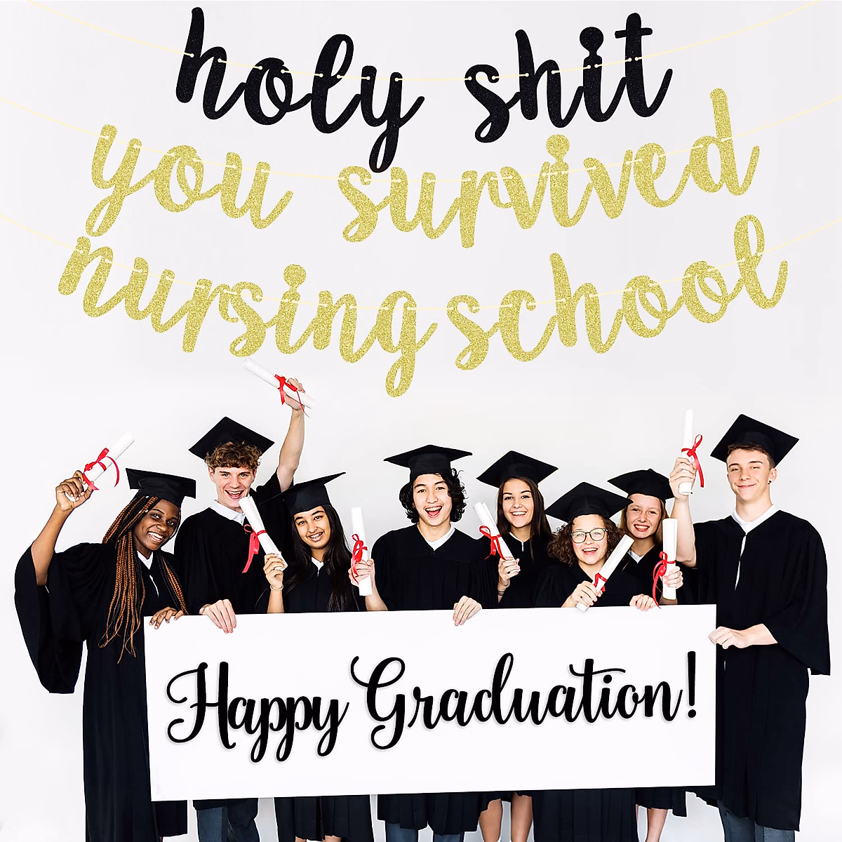 Nursing School Survivor Banner, Future Nurse, Straight Outta Nursing School, Congrats Nurse Graduation Party Decorations Black and Gold Glitter, Congrats Grad 2024