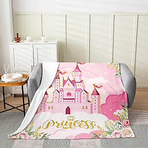 Princess Theme Blanket for Kids,Pink Castle Dreamy Fleece Throw Blanket for Girls Bedroom Sofa Dorm Decor,Flowers Garden Fairy Tale Fuzzy Lightweight Bed Blanket,Baby (30" x 40")