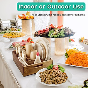 ALELION Acacia Wood Utensil Holder for Party - Paper Plate Organizer for Countertop - Silverware Caddy with 6 Compartments for Plate, Cup, Fork, Spoon - Cutlery Holder for Kitchen Camping Buffet