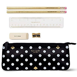 Kate Spade New York Pen and Pencil Case with School Supplies, Zip Pouch Includes 2 Pencils, Sharpener, Eraser, and Ruler, Polka Dots (Black/White)