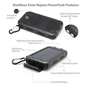 BoxWave Power Bank Compatible with Google Pixel - Solar Rejuva PowerPack (10000mAh), Solar Powered Backup Power Bank 10000mAh - Jet Black