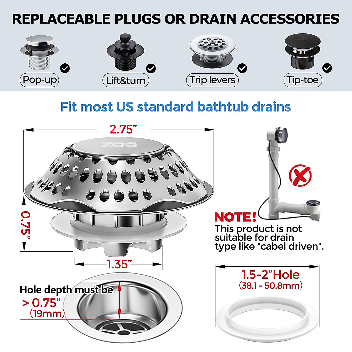 zaa Bathtub Drain Stopper, Upgraded 2in1 Tub Stopper Bathtub Drain Cover and Hair Catcher, Pop Up Bathtub Drain Plug, Replaces Lift & Turn, Tip-Toe or Trip Lever, for 1.46-2" W Drain Hole, Silver