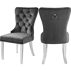 Meridian Furniture Carmen Collection Modern | Contemporary Velvet Upholstered Dining Chair with Button Tufting and Chrome Metal Legs, Set of 2, Grey, 21.5" W x 27" D x 39.5" H