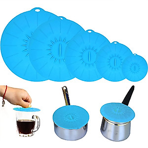Set of 5 Silicone Lids,Heat Resistant, Microwave Splatter Covers, Reusable Food Suction Lids for Cups, Bowls, Plates, Pots, Pans, Skillets, Stovetops, Ovens, and Refrigerators, L, XL) BPA-Free -Blue
