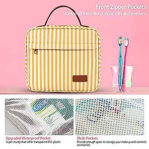 WDLHQC Hanging Travel Toiletry Bag with Hook | Water Proof Zip Bag with 4 Compartments + 2 Outer Zip Pockets | Cosmetic Travel Bag for Toiletries | Travel Essentials for Women & Men (Yellow Stripe)
