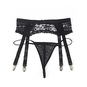 Lace Plus Size Garter Belt for Women Floral Black Sexy Lingerie Suspenders Panties with 4 Metal Clips for Stocking M-L