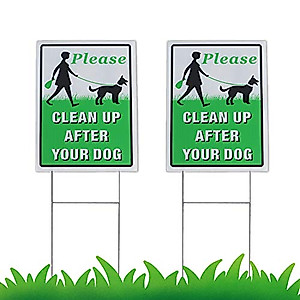 Please Clean Up After Your Dog 2 Pack, 12" x 9" Yard Sign with Metal Wire H-Stakes Included, No Pooping Dog Lawn Signs Double Sided