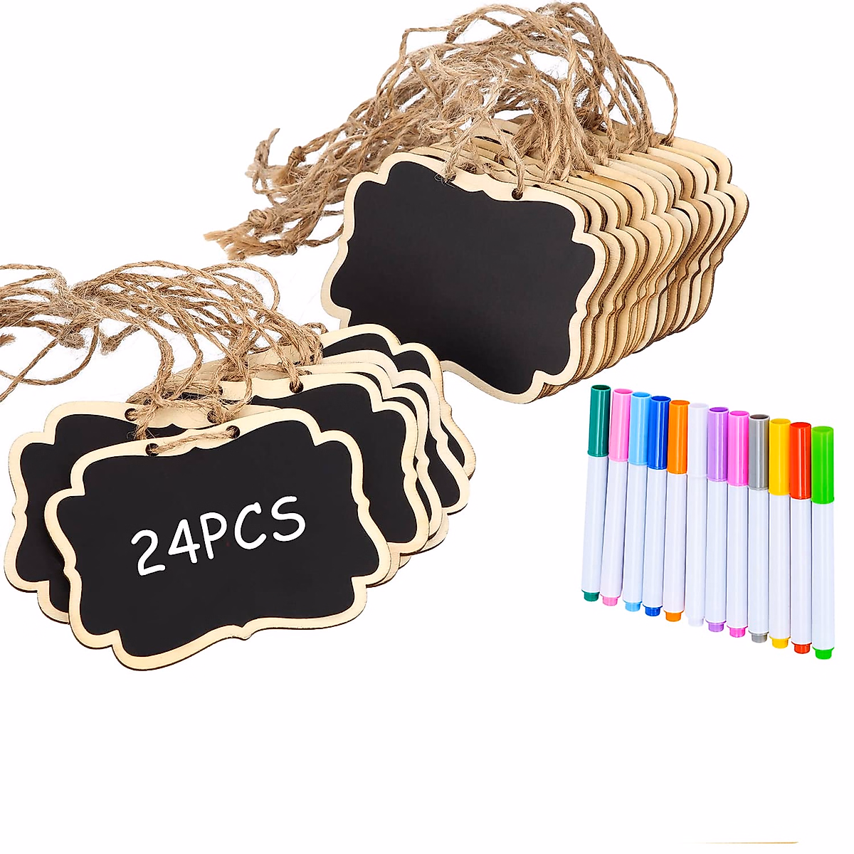 24 Pcs Reusable Mini Wood Chalkboards with Hanging String Erasable, Double-Sided Blackboard for Message Board Signs, Weddings Place Cards, Birthday Parties, Table Numbers, Plants