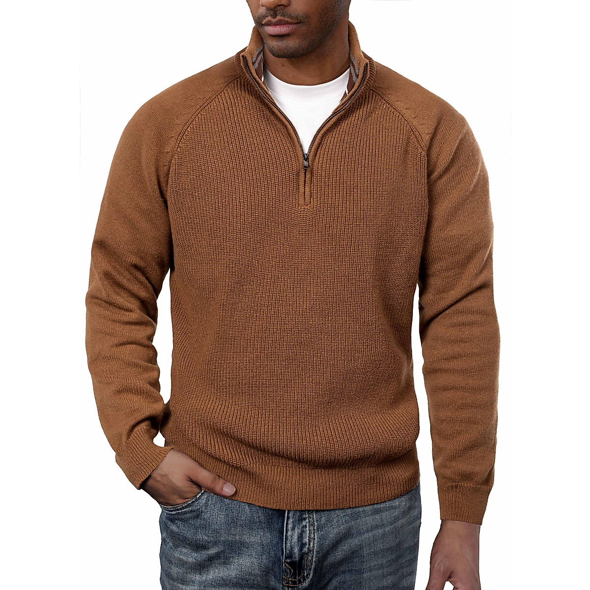 PJ PAUL JONES Mens Brown Sweater Turtleneck Men Quarter Zip Pullover Fall Sweaters for Winter XL