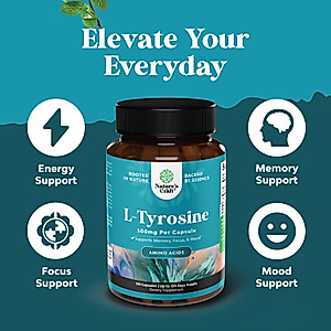 Free Form L Tyrosine 500mg Capsules - High Strength L-Tyrosine Supplement for Mental Energy and Focus Support - Amino Acid Nootropic Supplement for Mood Focus Attention and Cognitive Performance