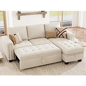 Belffin Secitonal Sleeper Sofa with Pull Out Couch Bed Modular Sectional Sofa with Storage Couch Velvet L Shaped Couch Sleeper Sofa Bed Beige