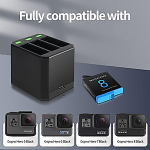 Seternaly Hero 8/7 Battery (3-Pack 1500mAh), Replacement Batteries Charger Compatible with Gopro Hero 8/7/6/5 and Hero 2018