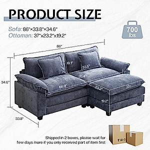 OQQOEE Sectional Sofa Modular Cloud Couch Upholstered Deep Seat Cloud Sofas with Ottoman Comfy Chenille Sofa Sleeper for Living Room,Apartment (Blue, Loveseat & Ottoman)