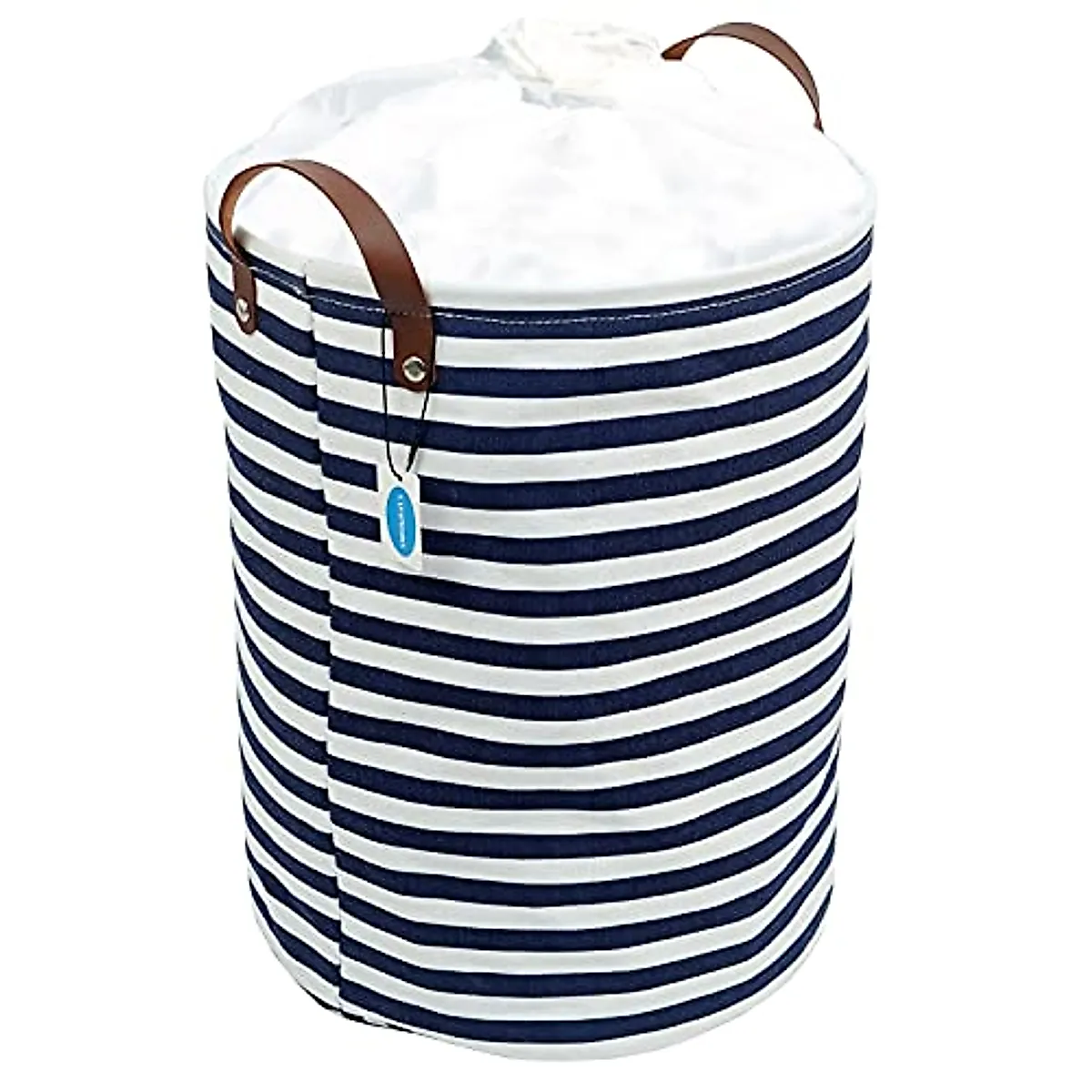 Casaphoria Drawstring Laundry Basket Freestanding with Lid,Lightweight Collapsible Waterproof Canvas Storage Bag with Handle for Livingroom Organizer,Dirty Clothes Hamper for Bedroom,48L Navy Stripe