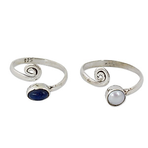 NOVICA Artisan Handmade Cultured Pearls Lapis Lazuli Toe Rings Sterling Silver Pair Blue White India Snorkel Bollywood Bohemian Birthstone [0.4 in L x 0.2 in W x 0.1 in D] ' Pretty Perfection' Pair