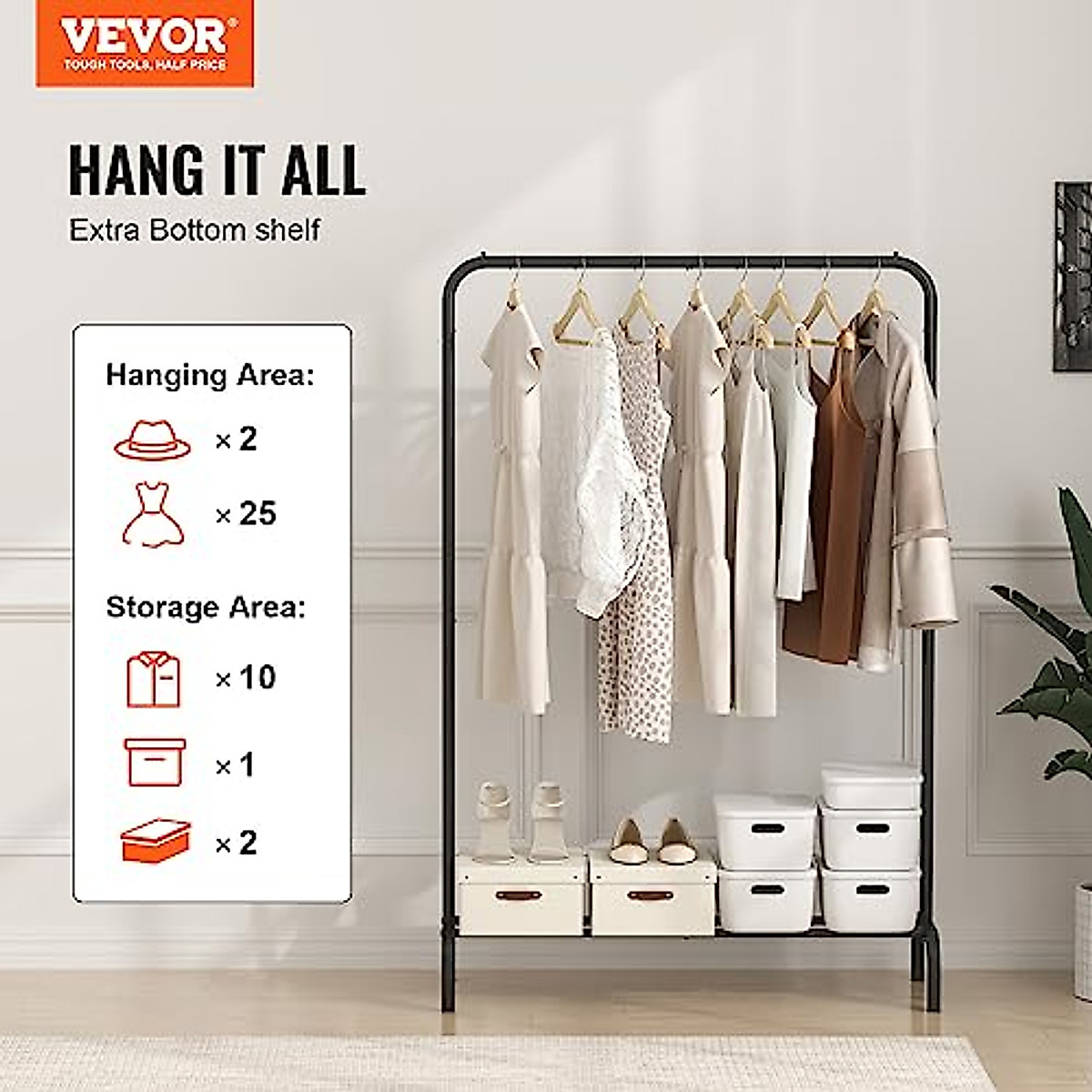 VEVOR Clothes Rack, Heavy Duty Clothing Garment Rack with Hanging Rod and Bottom Storage Area, Clothing Rack for Bedroom Guest Room