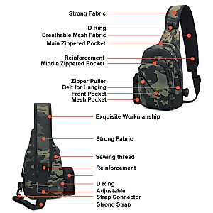 BraveHawk OUTDOORS Sling Chest Bag, 900D Nylon Oxford Portable Waterproof Compact Crossbody Pack for Hiking Cycling (Black Camouflage, Compact)