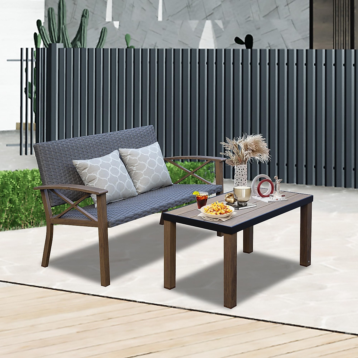 Domi Aluminum Patio Furniture Set, 2-Piece Modern Conversation Set with Cotton Padding Backrests and Seats, Outdoor Loveseat Metal Sofa Set with 5.5 Inch Cushion and Coffee Table for Balcony, Garden